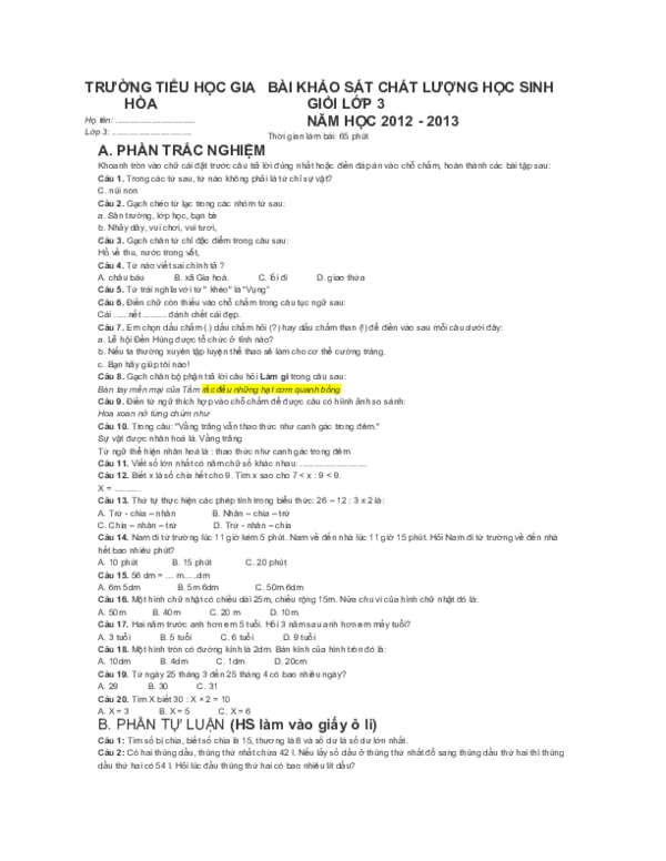 (DOC) BÀI KH O SÁT CH T L NG H C SINH GI I Th i gian làm bài: 65 phút