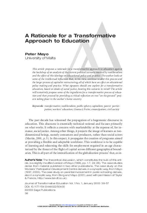 (PDF) A rationale for a transformative approach to education