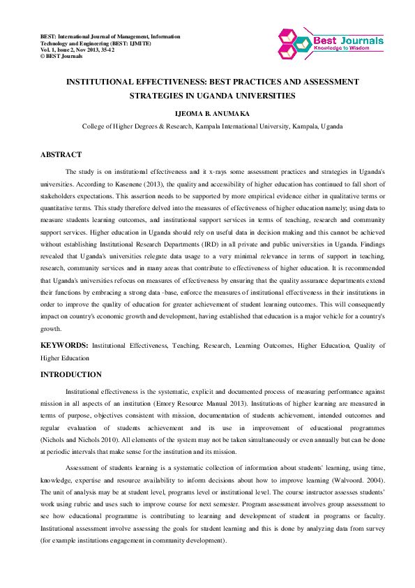 (PDF) INSTITUTIONAL EFFECTIVENESS: BEST PRACTICES AND ASSESSMENT