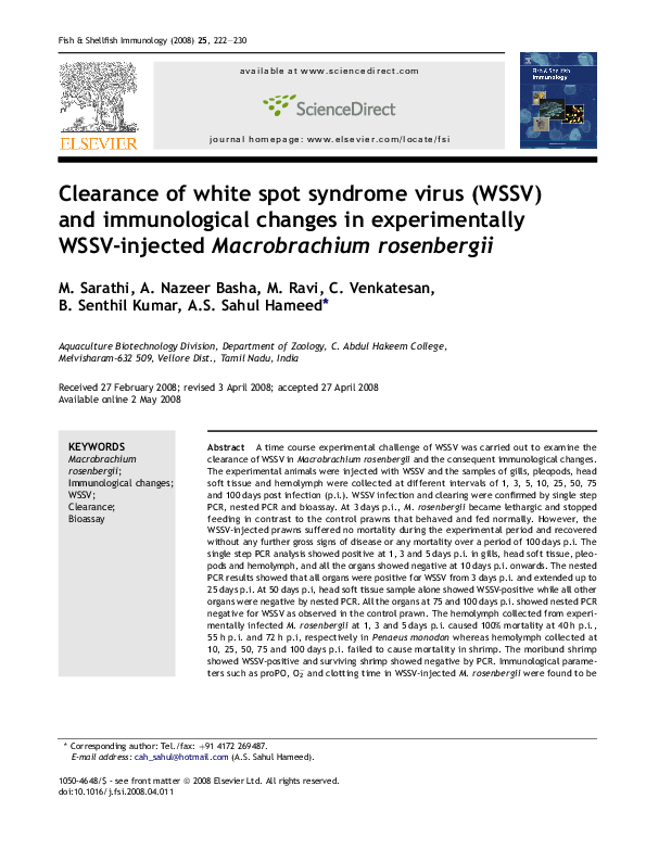 (PDF) Clearance of white spot syndrome virus (WSSV) and immunological ...