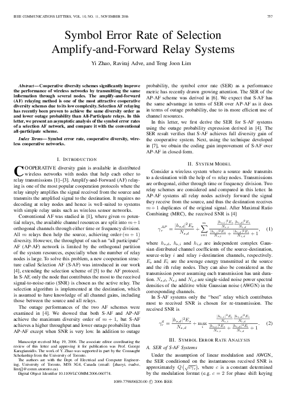 (PDF) Symbol Error Rate of Selection Amplify-and-Forward Relay Systems