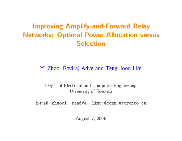 (PDF) Improving Amplify-and-Forward Relay Networks: Optimal Power Allocation Versus Selection