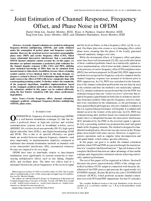(PDF) Joint Estimation of Channel Response, Frequency Offset, and Phase Noise In OFDM