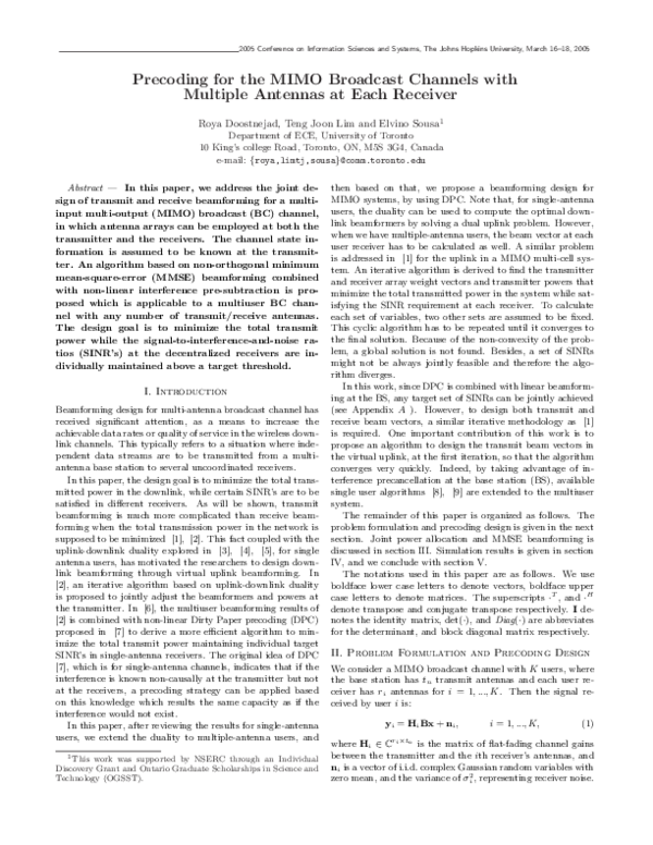 (PDF) Precoding for the MIMO Broadcast Channels With Multiple Antennas at Each Receiver
