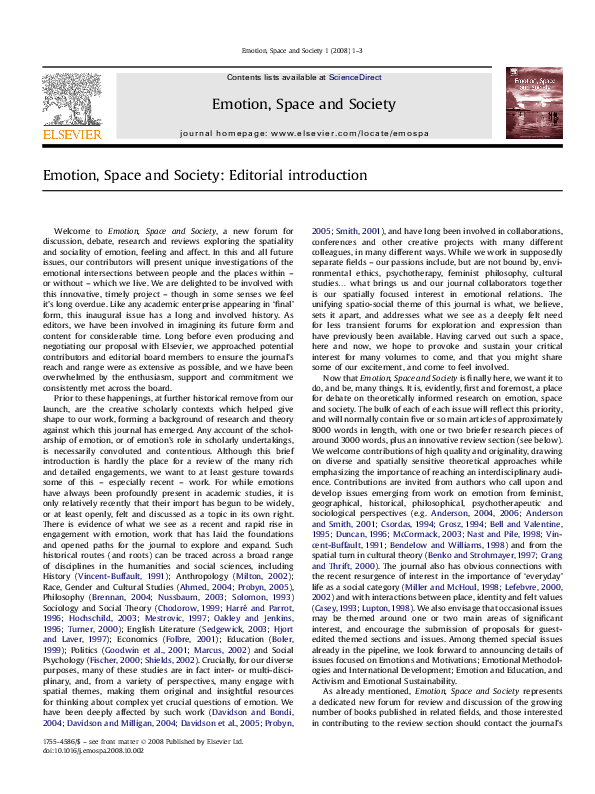 (PDF) Emotion, Space and Society: Editorial introduction