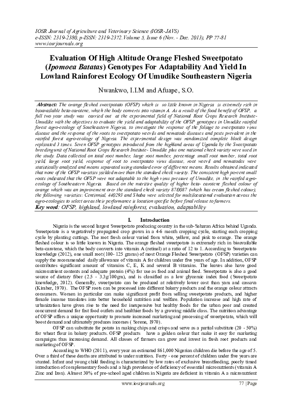 (PDF) Evaluation Of High Altitude Orange Fleshed Sweetpotato (Ipomoea Batatas) Genotypes For ...