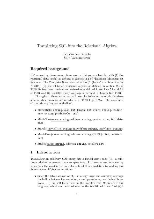 Pdf Translating Sql Into The Relational Algebra