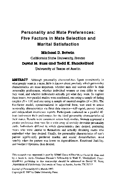(PDF) Personality and Mate Preferences: Five Factors In Mate Selection ...