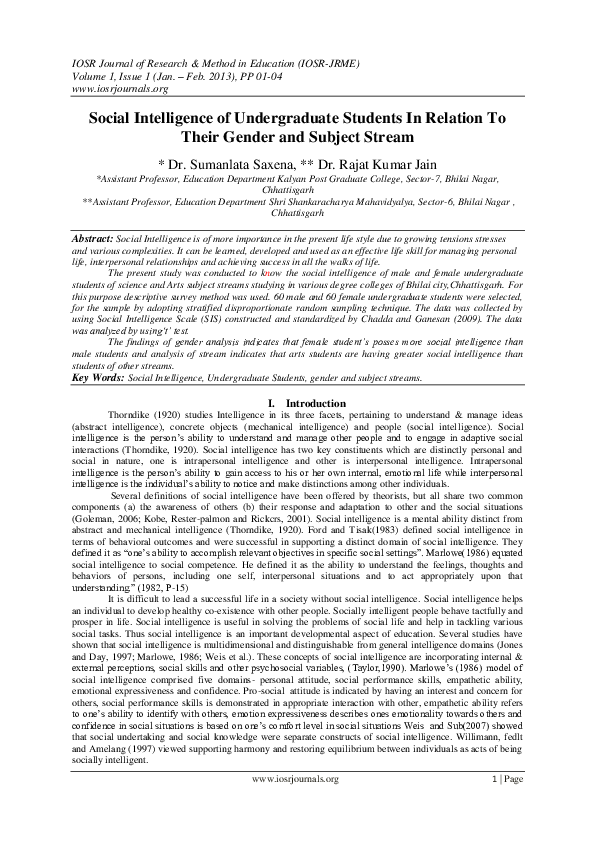 (PDF) Social Intelligence of Undergraduate Students In Relation To ...