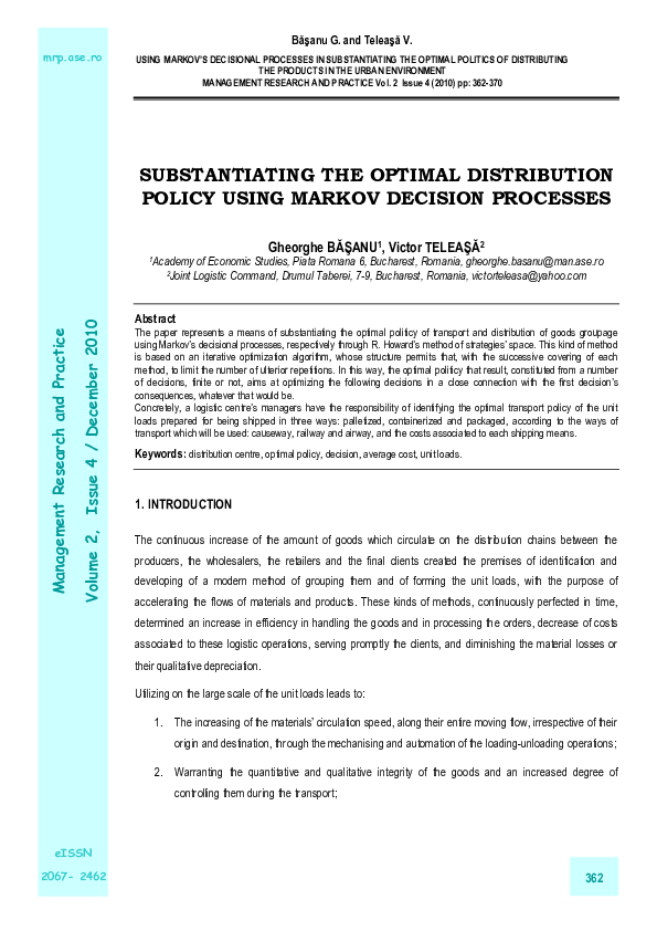 (PDF) SUBSTANTIATING THE OPTIMAL DISTRIBUTION POLICY USING MARKOV DECISION PROCESSES