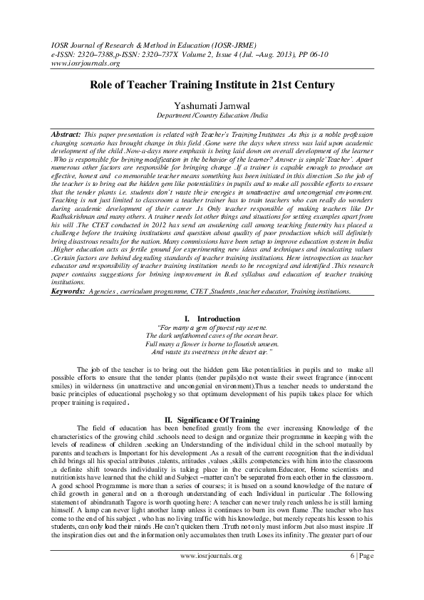 (PDF) Role of Teacher Training Institute in 21st Century