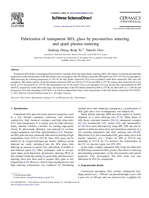 (PDF) Fabrication of transparent SiO 2 glass by pressureless sintering ...