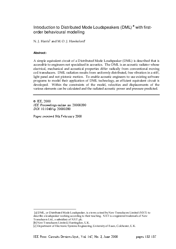 (PDF) Introduction to Distributed Mode Loudspeakers (DML) a with first- order behavioural modelling