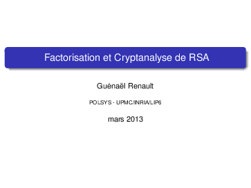 (PDF) Factorisation et Cryptanalyse de RSA