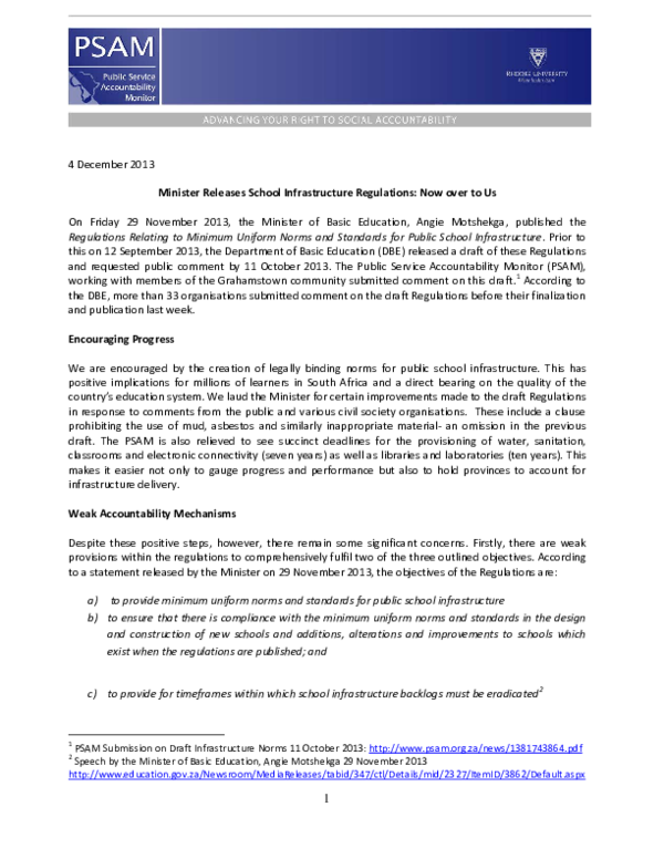 (PDF) Minister Releases School Infrastructure Regulations: Now over to Us