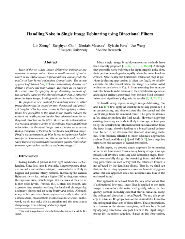 Pdf Handling Noise In Single Image Deblurring Using Directional Filters