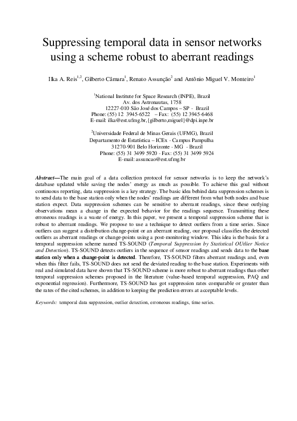Pdf Suppressing Temporal Data In Sensor Networks Using A Scheme Robust To Aberrant Readings