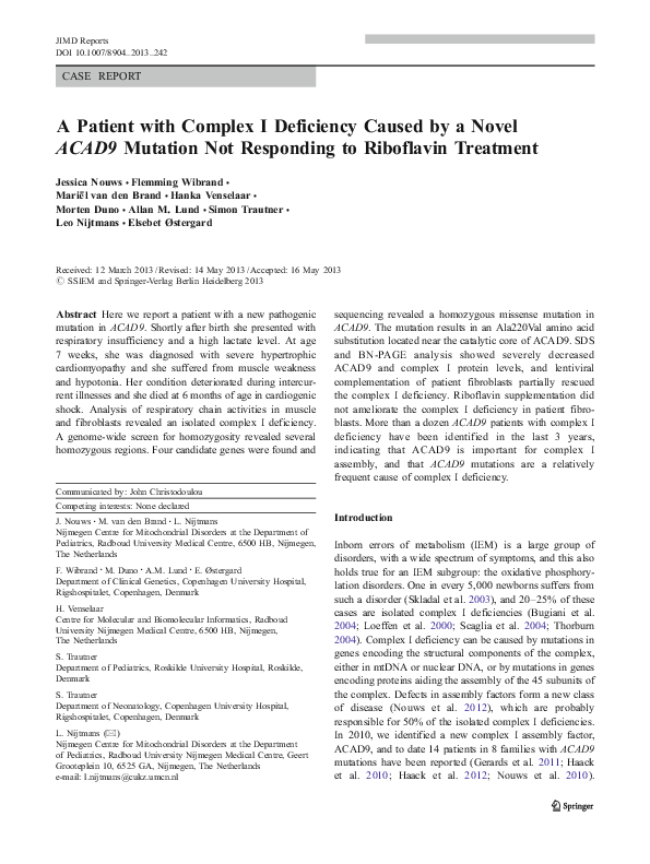 (PDF) A Patient with Complex I Deficiency Caused by a Novel ACAD9 ...