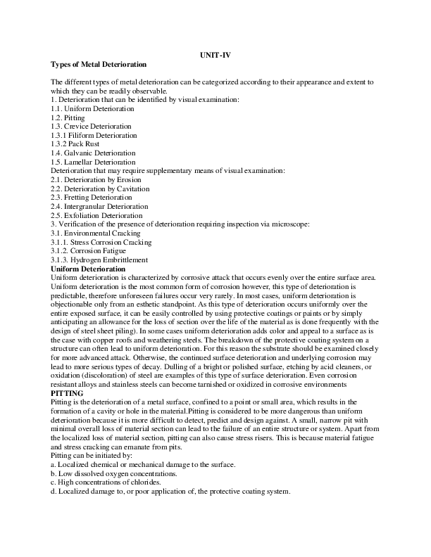 (DOC) UNIT-IV Types of Metal Deterioration