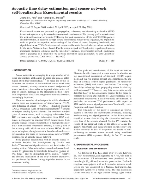 (PDF) Acoustic Time Delay Estimation and Sensor Network Self-Localization: Experimental Results