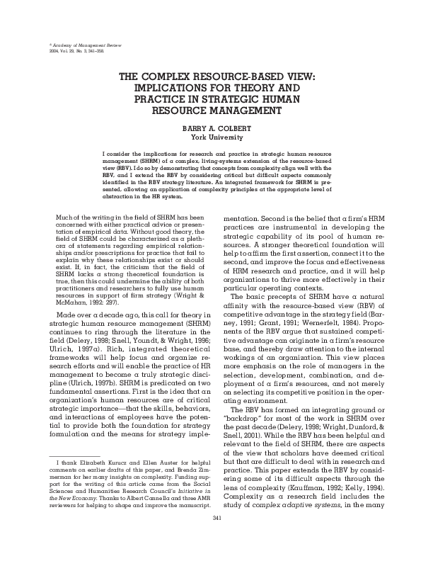 (PDF) THE COMPLEX RESOURCE-BASED VIEW: IMPLICATIONS FOR THEORY AND ...