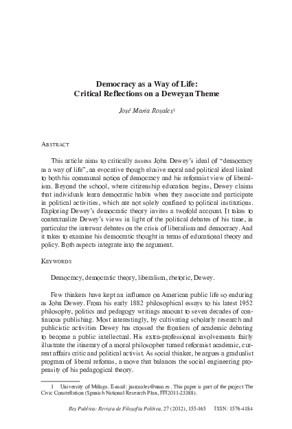 (PDF) Democracy as a Way of Life: Critical Reflections on a Deweyan Theme