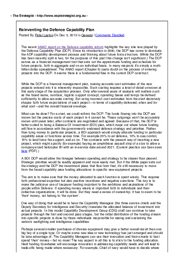 (PDF) Reinventing the Defence Capability Plan