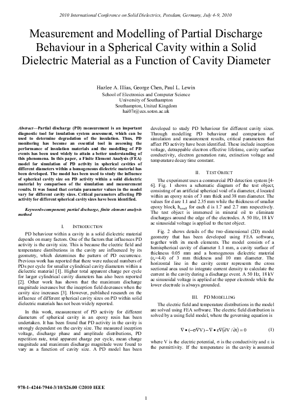 (PDF) Measurement and modelling of partial discharge behaviour in a spherical cavity within a ...