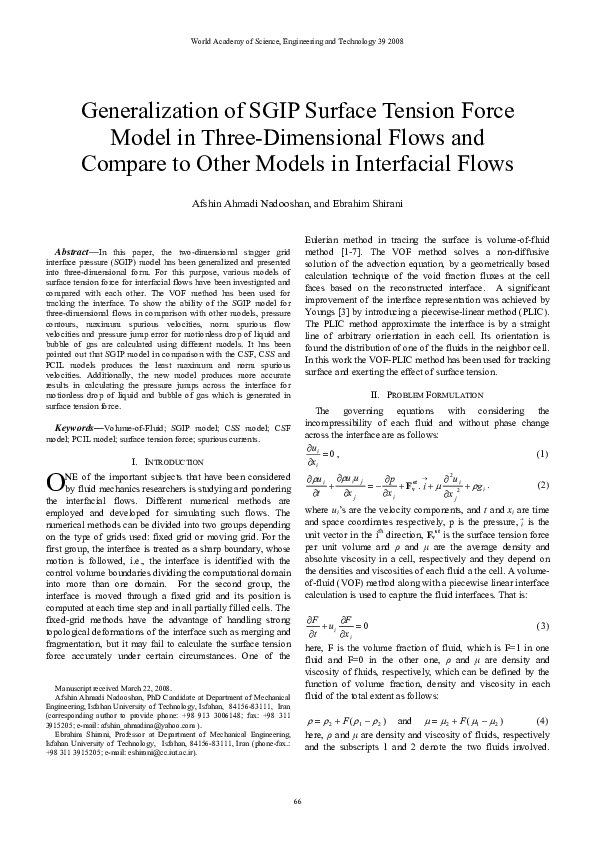 (PDF) Generalization of SGIP Surface Tension Force Model In Three-Dimensional Flows and Compare ...