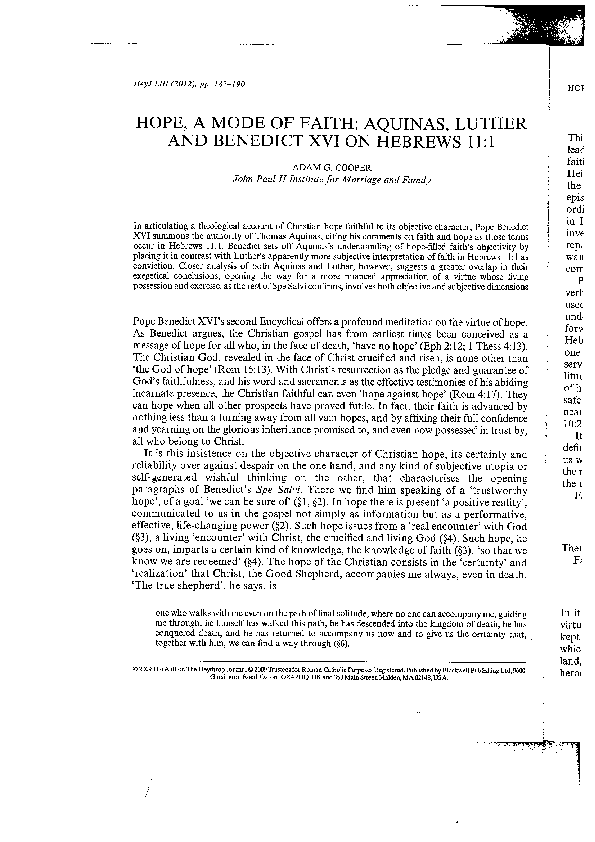 (PDF) ‘Hope, a Mode of Faith: Aquinas, Luther and Benedict XVI on ...