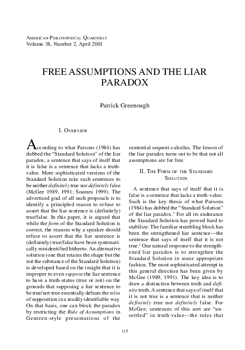 (PDF) Free Assumptions and the Liar Paradox