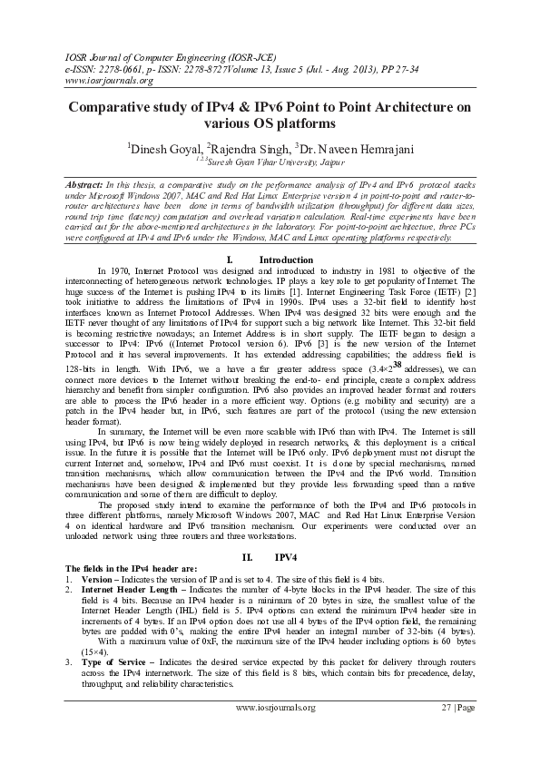 (PDF) Comparative study of IPv4 & IPv6 Point to Point Architecture on various OS platforms 1