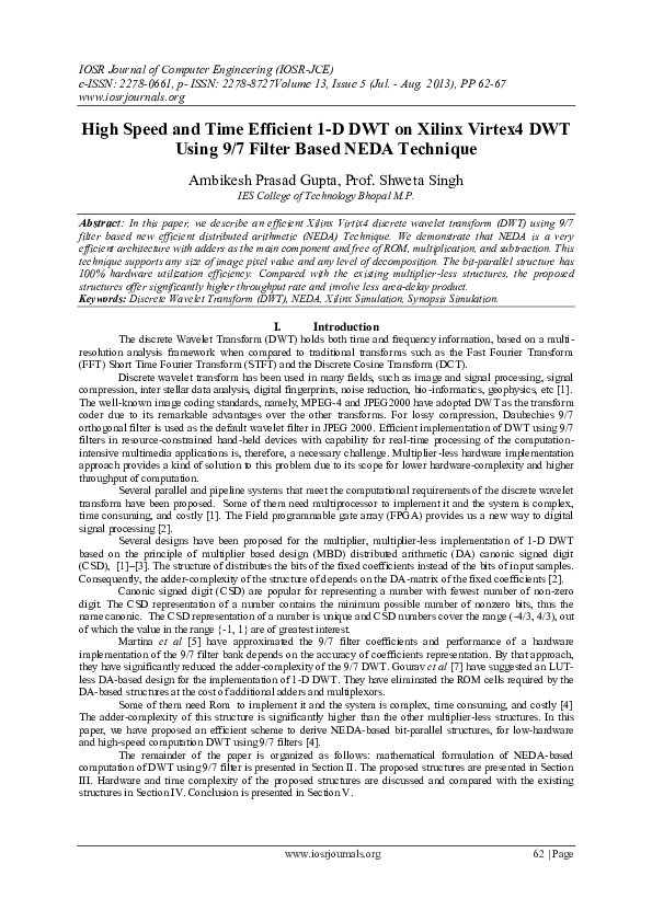 Pdf High Speed And Time Efficient 1 D Dwt On Xilinx Virtex4 Dwt Using 97 Filter Based Neda