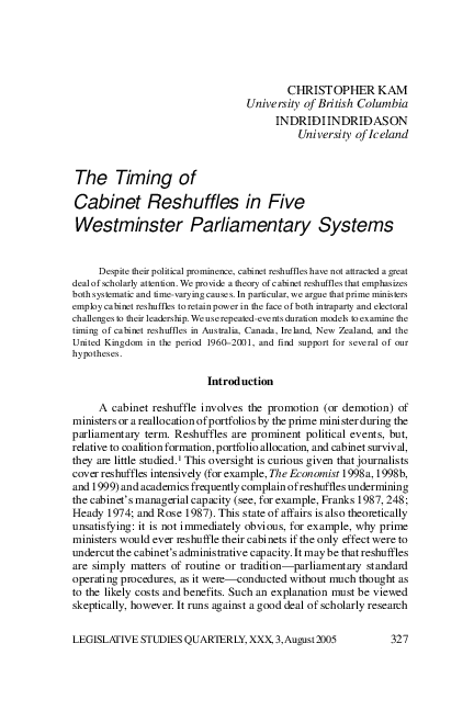(PDF) The Timing of Cabinet Reshuffles In Five Westminster Parliamentary Systems