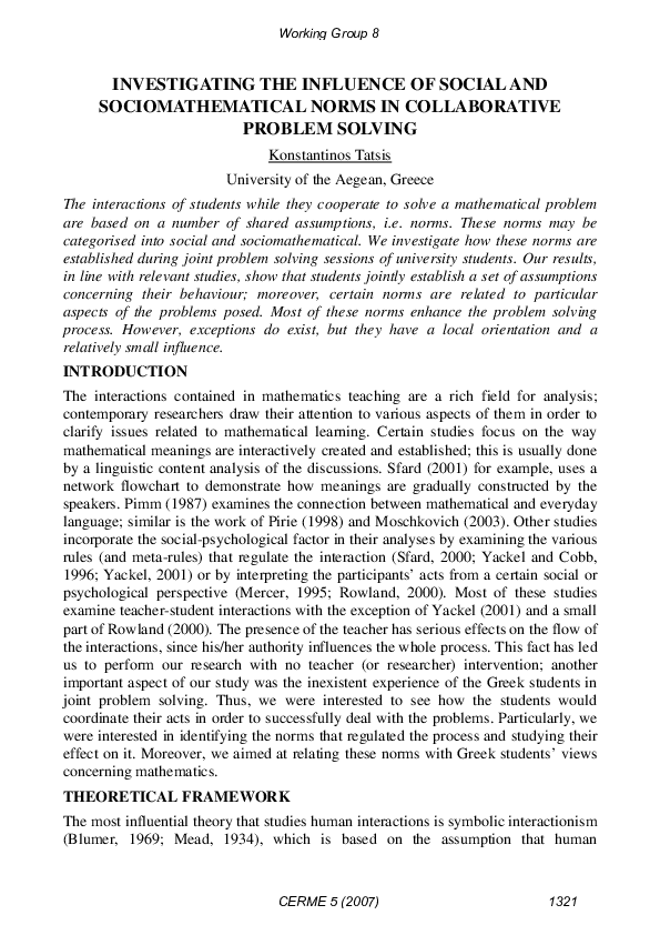 (PDF) Investigating the influence of social and sociomathematical norms in collaborative problem ...