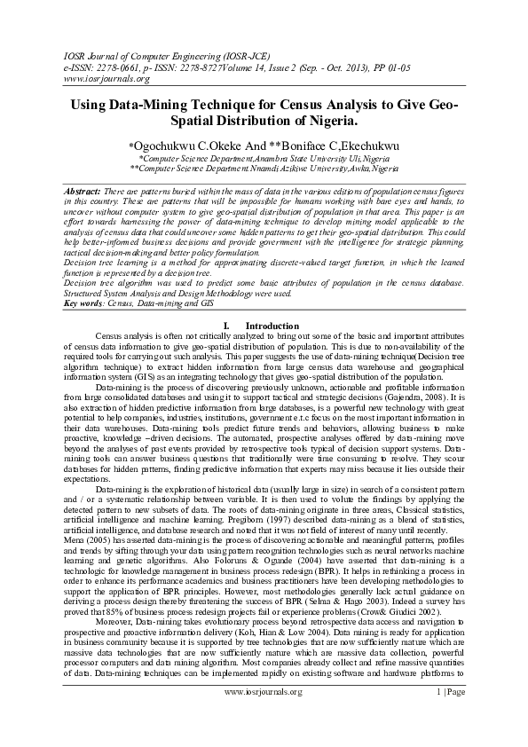Pdf Using Data Mining Technique For Census Analysis To Give Geo Spatial Distribution Of Nigeria