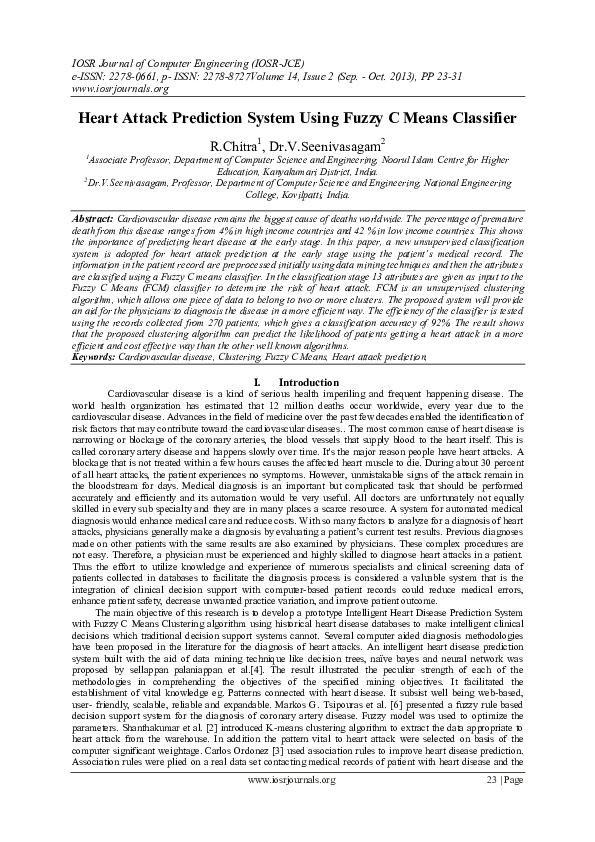 Pdf Heart Attack Prediction System Using Fuzzy C Means Classifier