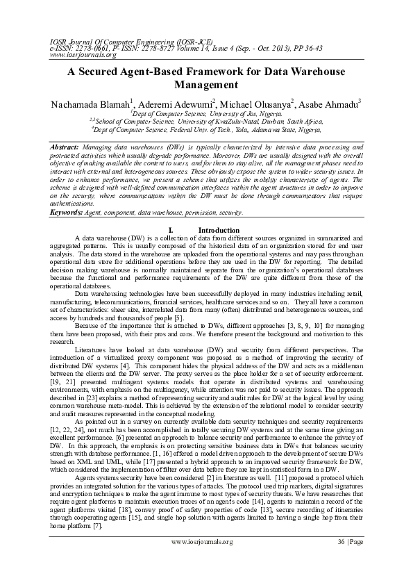 (PDF) A Secured Agent-Based Framework for Data Warehouse Management
