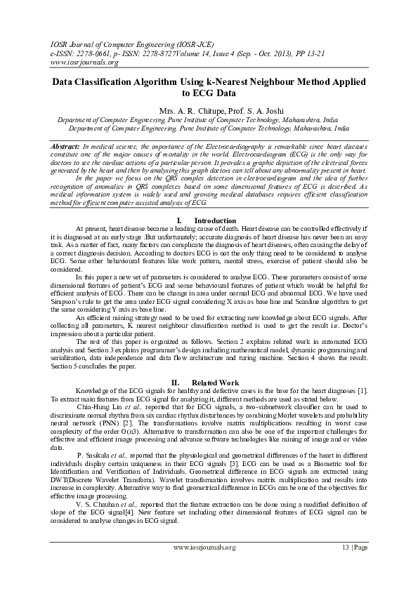 Pdf Data Classification Algorithm Using K Nearest Neighbour Method Applied To Ecg Data