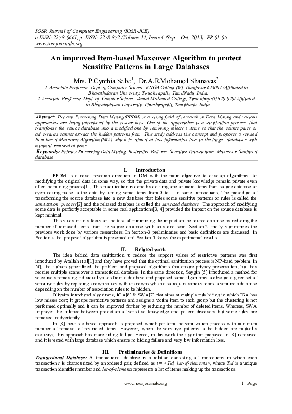 (PDF) An improved Item-based Maxcover Algorithm to protect Sensitive Patterns in Large Databases