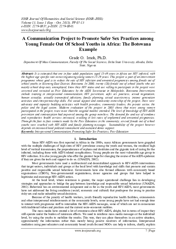 Pdf A Communication Project To Promote Safer Sex Practices Among Young Female Out Of School