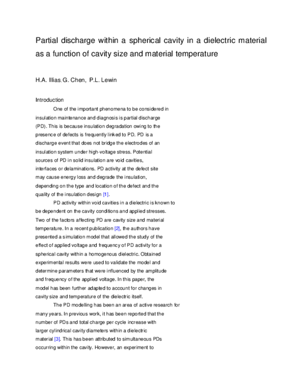Pdf Partial Discharge Within A Spherical Cavity In A Dielectric Material As A Function Of