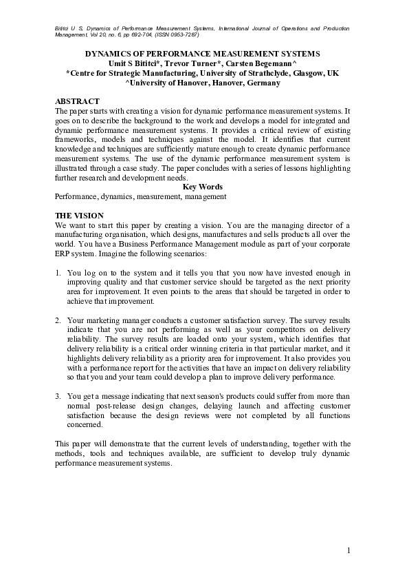 Doc Dynamics Of Performance Measurement Systems