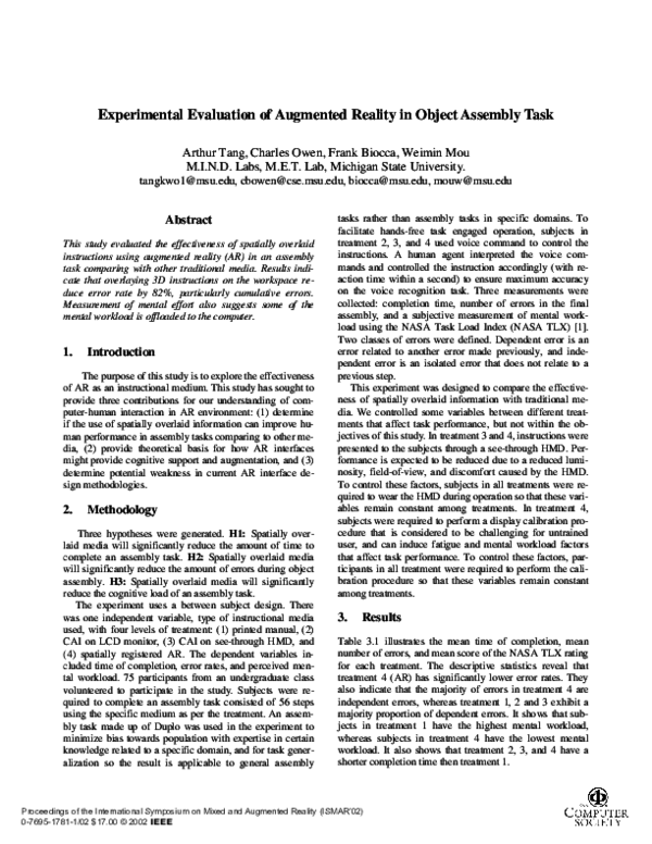 Pdf Experimental Evaluation Of Augmented Reality In Object Assembly Task