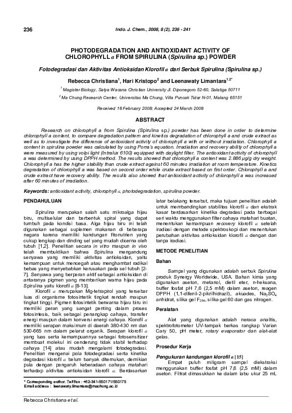 (PDF) PHOTODEGRADATION AND ANTIOXIDANT ACTIVITY OF CHLOROPHYLL a FROM ...
