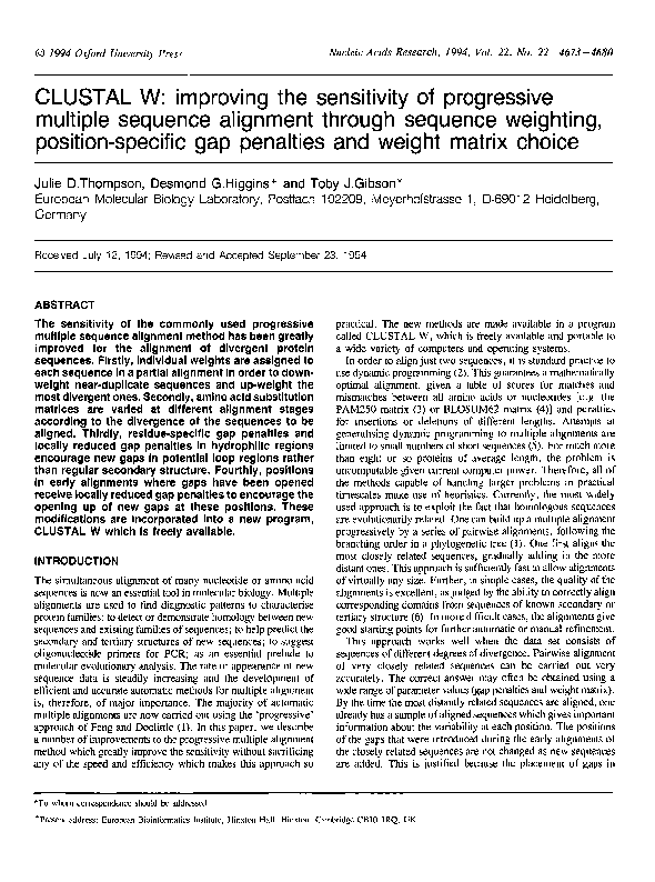 (PDF) CLUSTAL W: improving the sensitivity of progressive multiple sequence alignment through ...