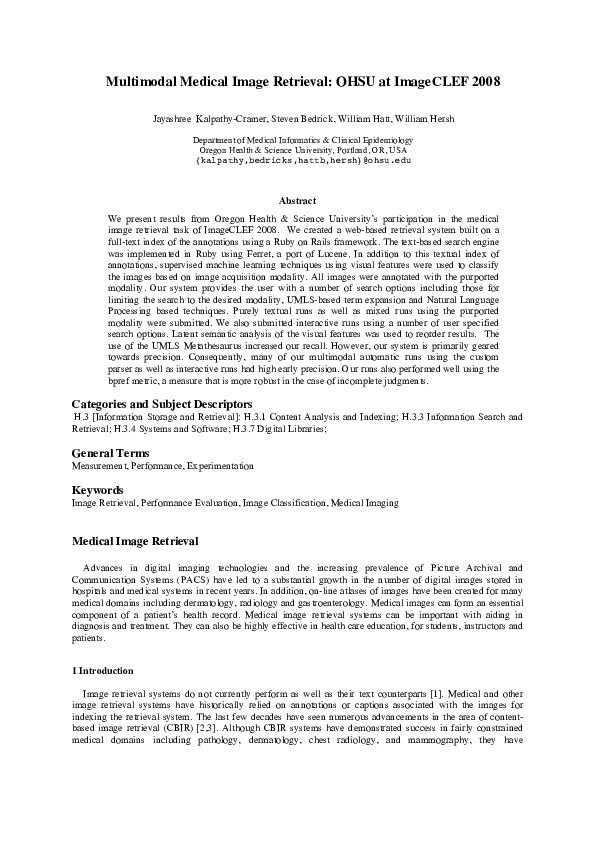 (PDF) Multimodal Medical Image Retrieval OHSU at ImageCLEF 2008