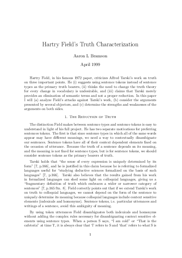 (PDF) Hartry Field's Truth Characterization