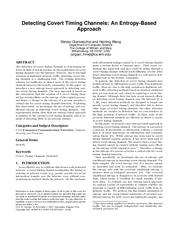 (PDF) Detecting covert timing channels: an entropy-based approach