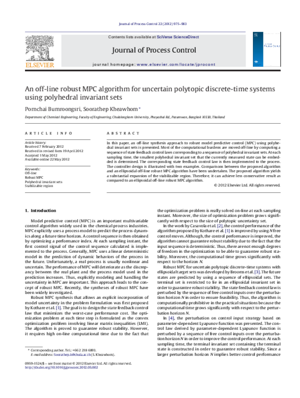 Pdf An Off Line Robust Mpc Algorithm For Uncertain Polytopic Discrete Time Systems Using